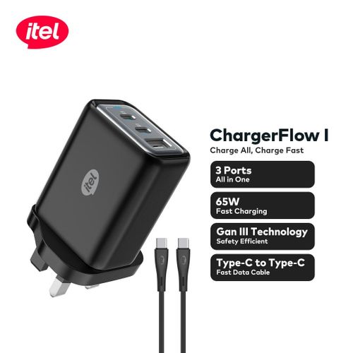 itel ChargerFlow I 65w GaN Charger Triple Port Kit With 3A Type-C Cabl